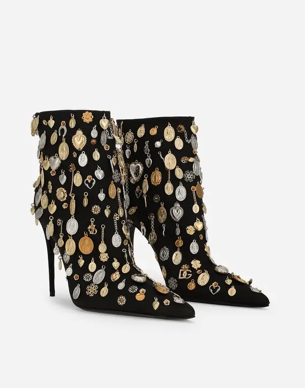 Dolce & Gabbana Satin Ankle Boots With Embroidered Charms