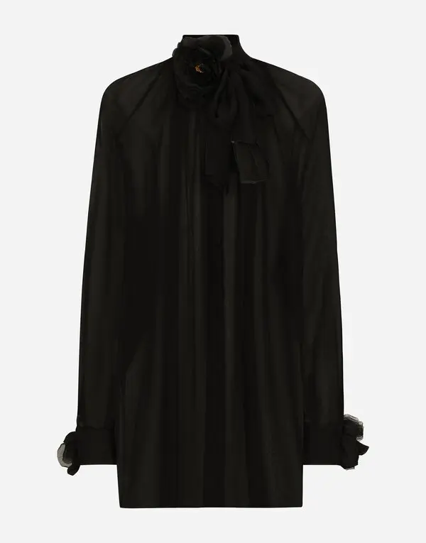 Dolce & Gabbana Silk Chiffon Shirt With Flower Appliqu - Black
