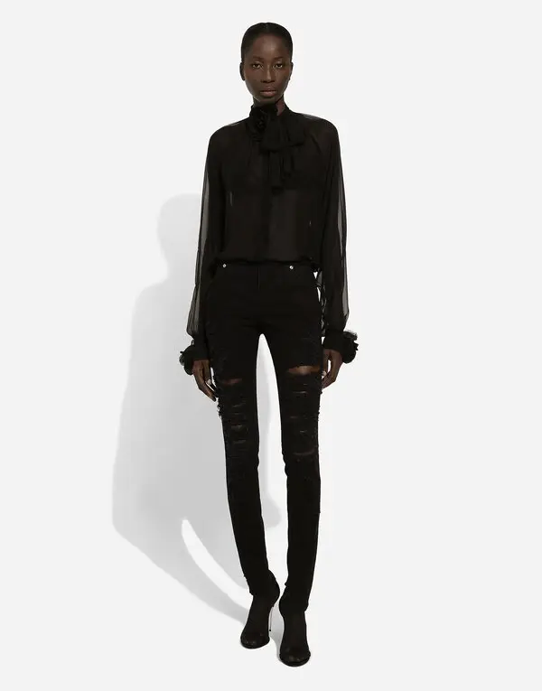Dolce & Gabbana Silk Chiffon Shirt With Flower Appliqu - Black