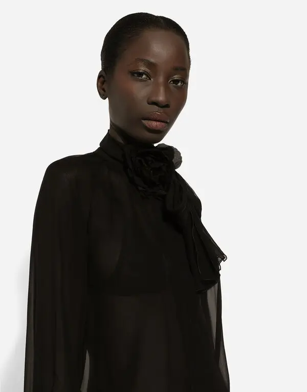 Dolce & Gabbana Silk Chiffon Shirt With Flower Appliqu - Black