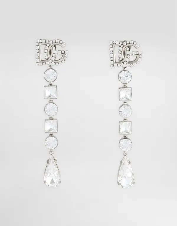 Dolce & Gabbana Rhinestone Drop Earrings With Dg Logo - Silver