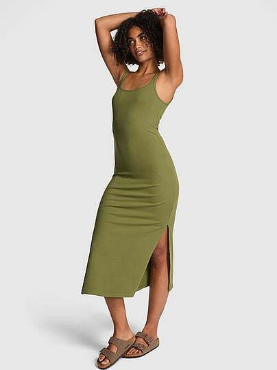 Pink All-day Soft Ribbed Bodycon Midi Dress - Green