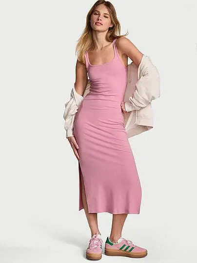 Pink All-day Soft Ribbed Bodycon Midi Dress - Pink