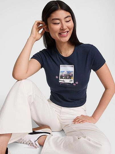 Pink Retro Cotton Tee - Blue