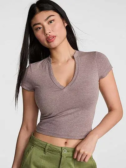 Pink All-day Cotton™ Plunge Cropped Top - Brown