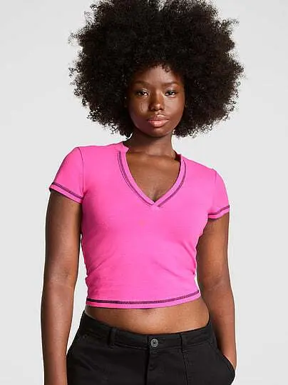 Pink All-day Cotton™ Plunge Cropped Top - Pink