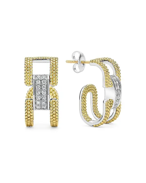 Lagos 18k Yellow Gold And Sterling Diamond Hoop Earrings - Silver