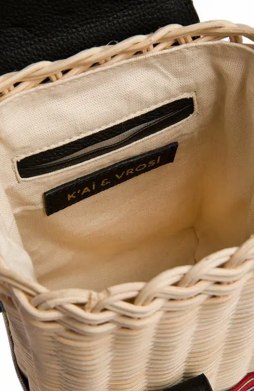 K'AI & VROSI Leather And Woven Straw Crossbody Bag - Black