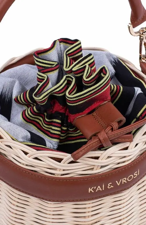 K'AI & VROSI Leather And Straw Bucket Bag With Drawstring - Brown