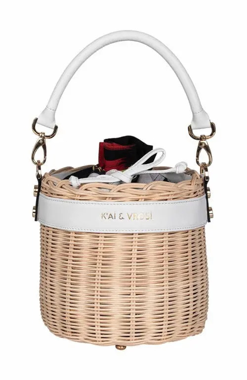 K'AI & VROSI Leather And Straw Bucket Bag With Drawstring - White