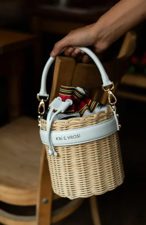 K'AI & VROSI Leather And Straw Bucket Bag With Drawstring - White