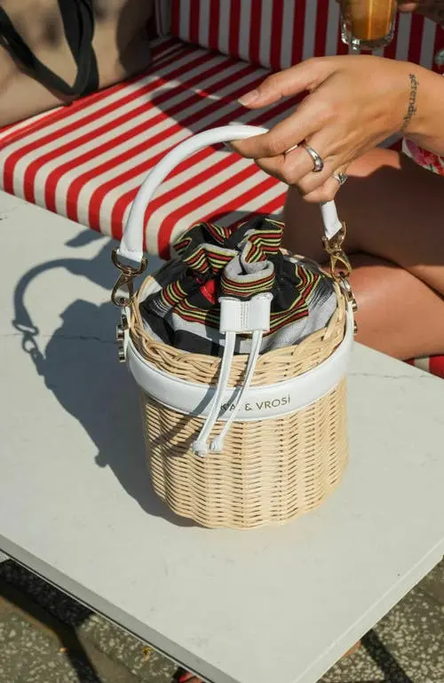 K'AI & VROSI Leather And Straw Bucket Bag With Drawstring - White