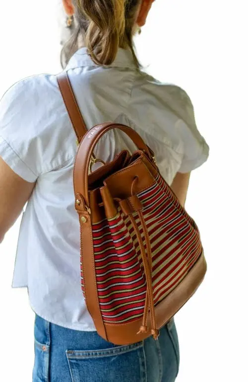 K'AI & VROSI Leather & Striped Fabric Convertible Bag