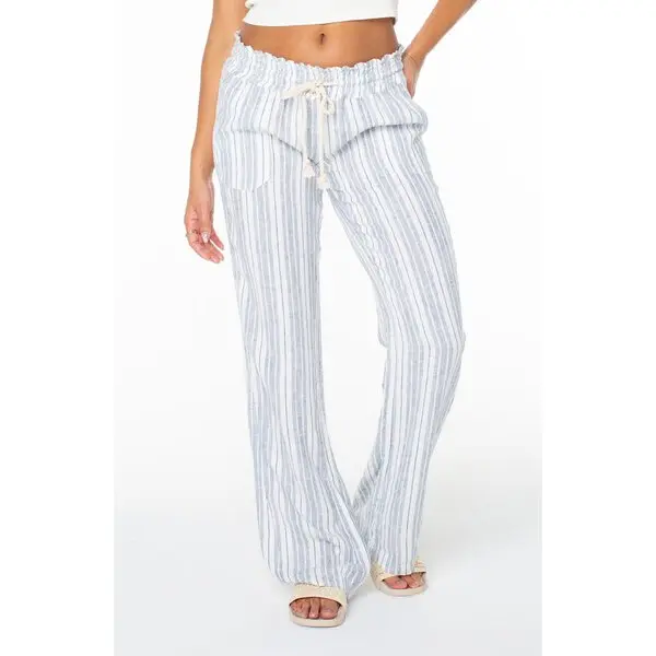 Roxy Oceanside Stripe Linen Blend Pants - Blue Horizon
