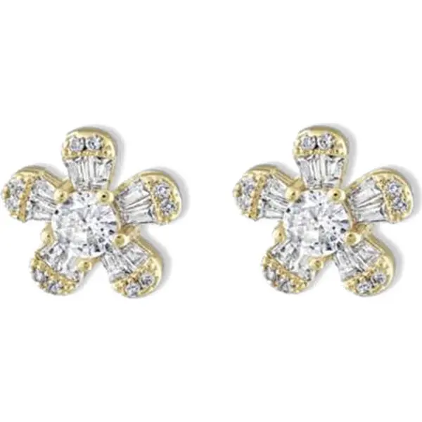 Ben Oni Pave And Baguette Cz Flower Earrings - Gold