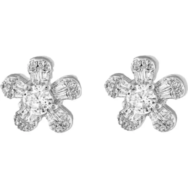 Ben Oni Pave And Baguette Cz Flower Earrings - Silver