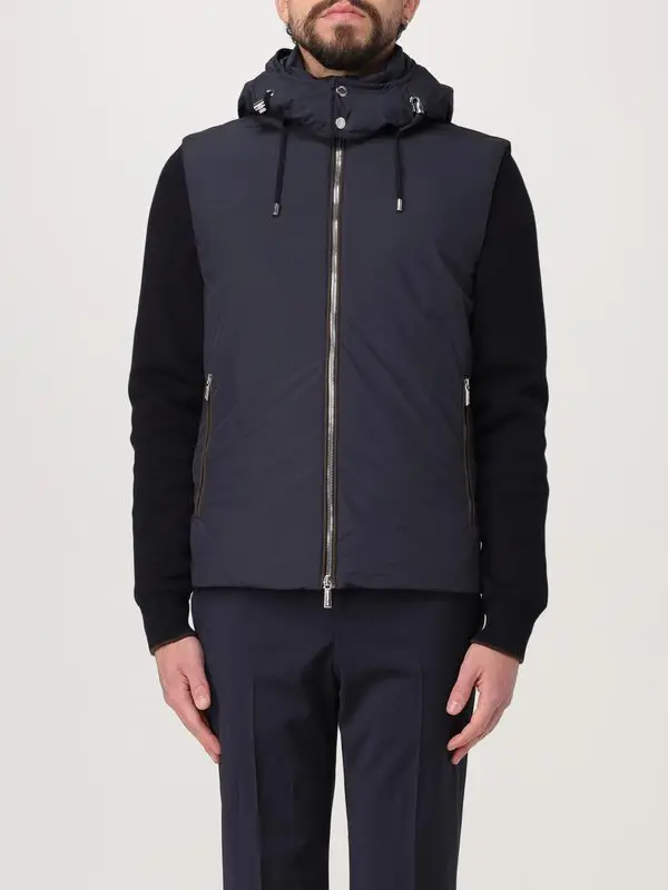 MOORER Hooded Zip-up Vest With Contrasting Sleeves - Blue