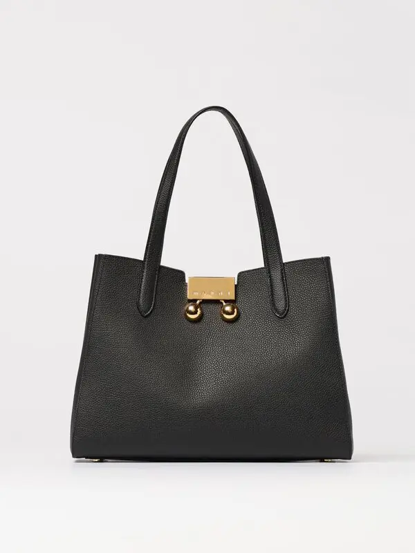 Marni Textured Leather Shoulder Bag With Gold Tone Clasp - Black