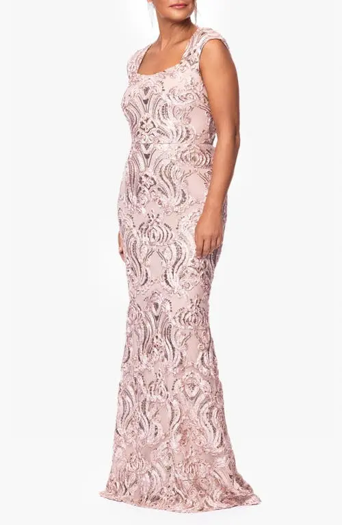 XSCAPE EVENINGS Sequin Floral Appliqué Sheath Gown