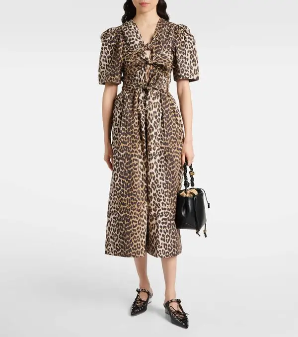 GANNI Leopard-print Cotton Midi Dress - Multicoloured