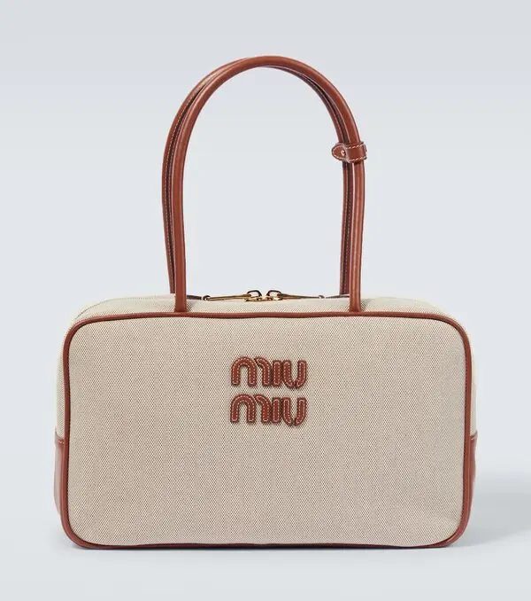 Miu Miu Logo Leather-trimmed Canvas Tote Bag - Neutrals