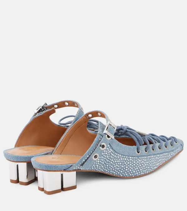 GANNI Embellished Lace-up Denim Mules