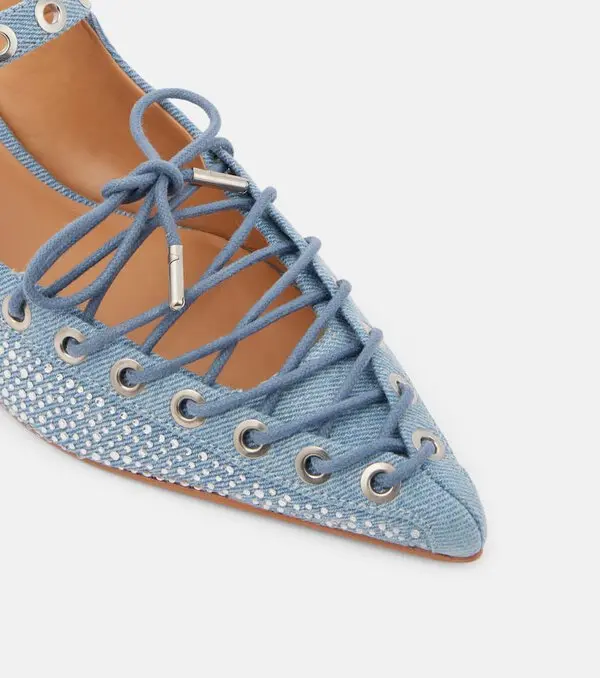 GANNI Embellished Lace-up Denim Mules