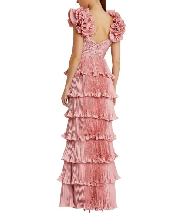 Mac Duggal Pleated Charmeuse Tiered Gown With Ruffle Straps - Rose