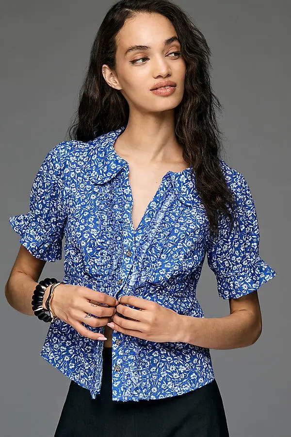 PILCRO Keira Waisted Tuxedo-front Blouse - Blue Floral