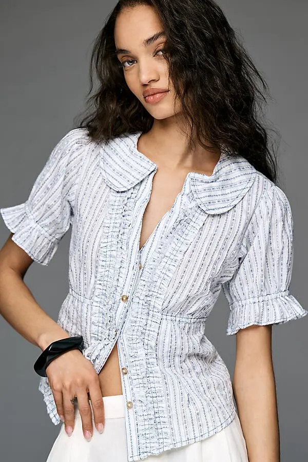 PILCRO Keira Waisted Tuxedo Blouse - Blue Stripe