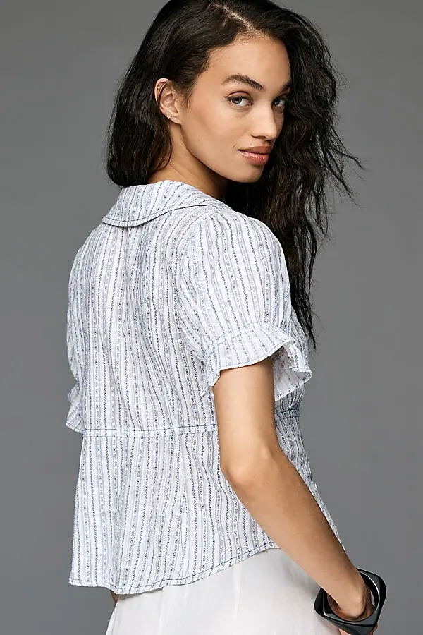 PILCRO Keira Waisted Tuxedo Blouse - Blue Stripe