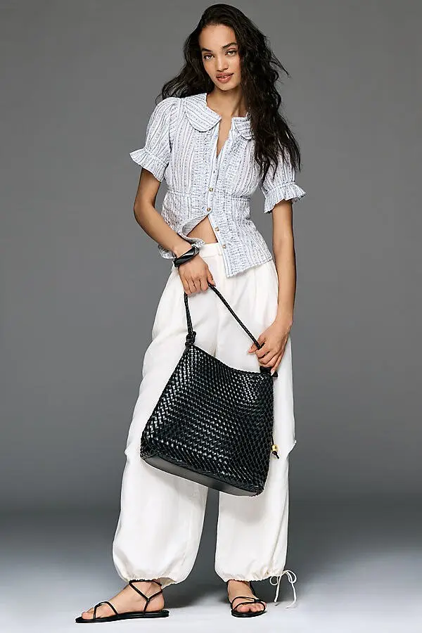 PILCRO Keira Waisted Tuxedo Blouse - Blue Stripe