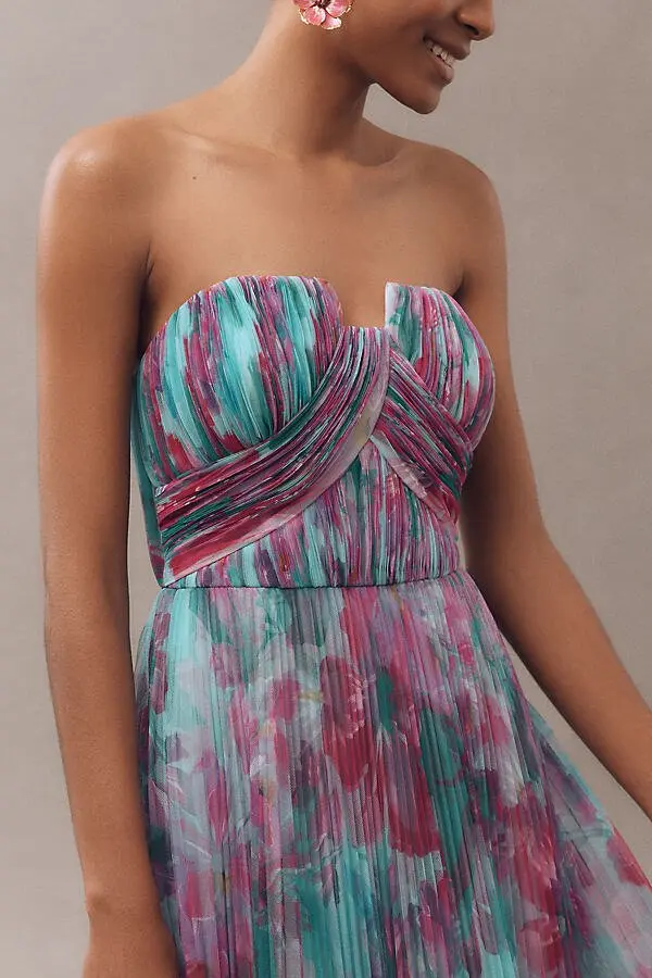 Hutch Corene Strapless Floral Tulle A-Line Midi Dress - Botanical Pattern |  Editorialist