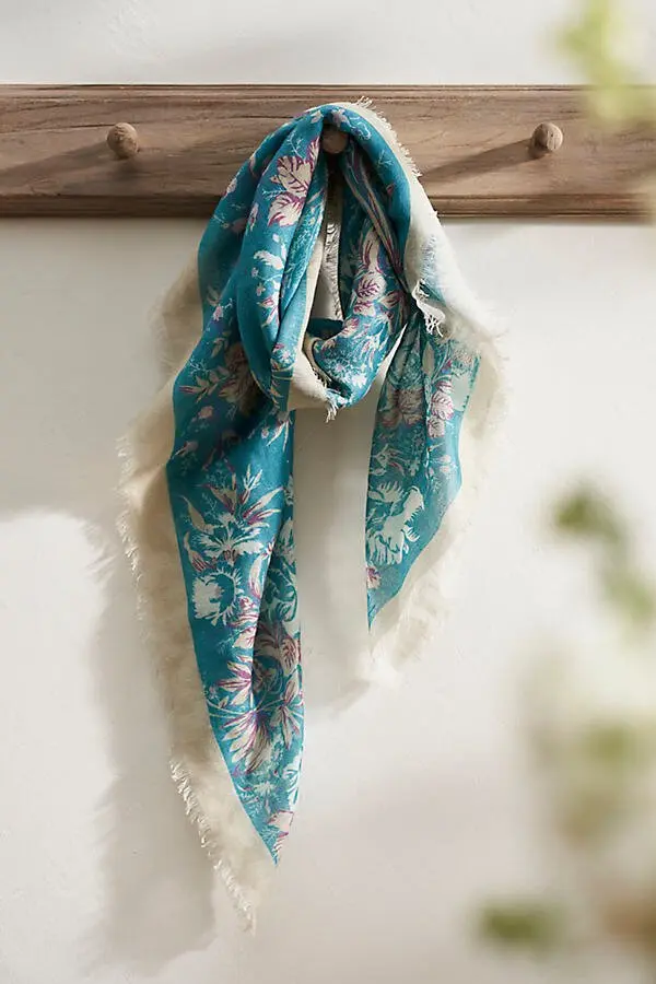 TERRAIN Frayed Floral Scarf - Turquoise