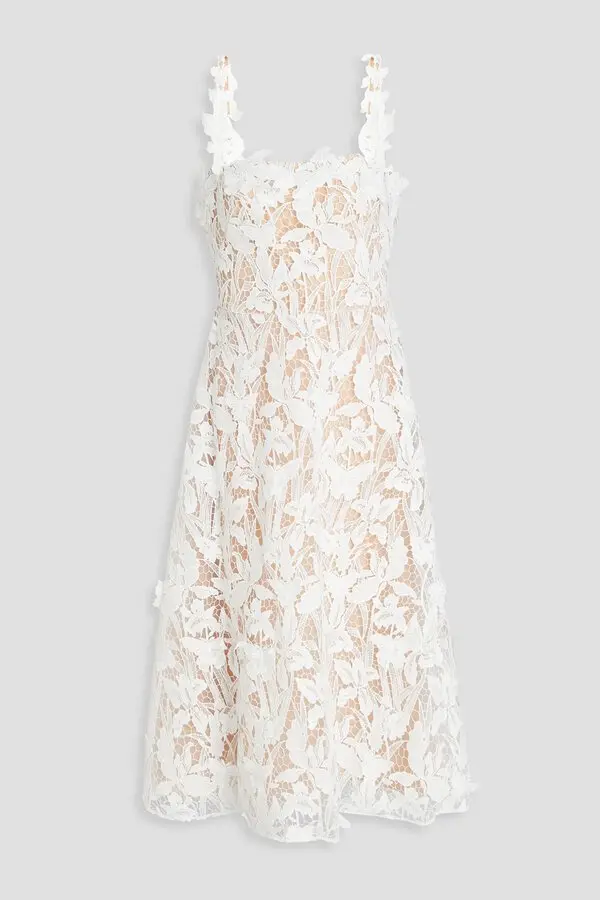 Marchesa Flared Guipure Lace Midi Dress - White