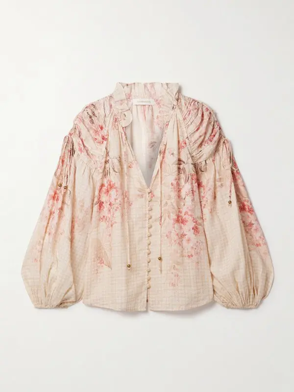 Zimmermann Illuminate Gathered Printed Ramie Blouse