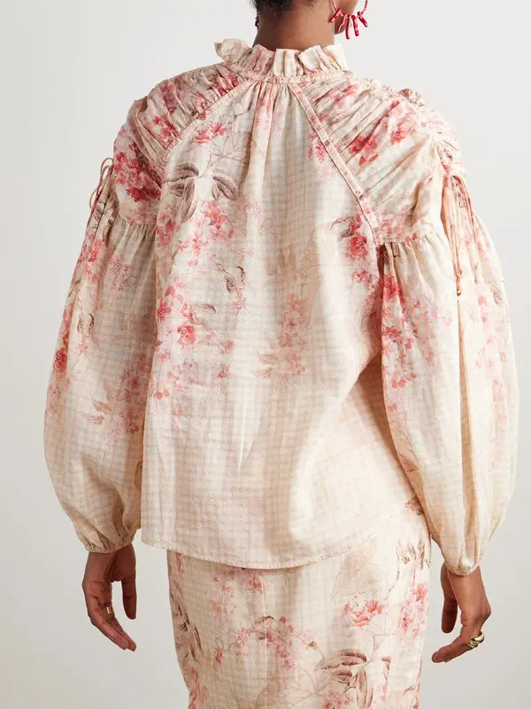 Zimmermann Illuminate Gathered Printed Ramie Blouse
