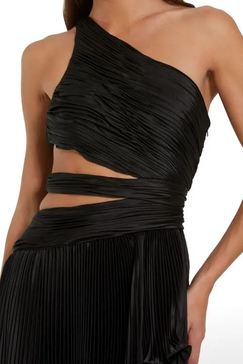 Mac Duggal One-shoulder Pleated Charmeuse Gown With Slit - Black