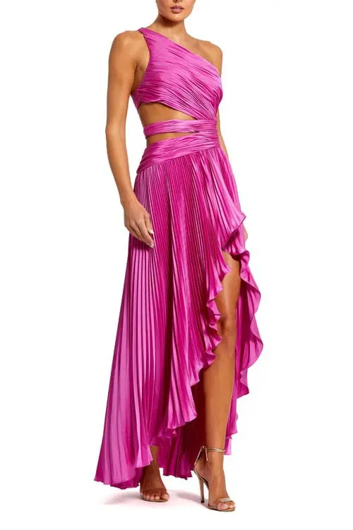 Mac Duggal One-shoulder Pleated Charmeuse Gown With Slit - Fuchsia