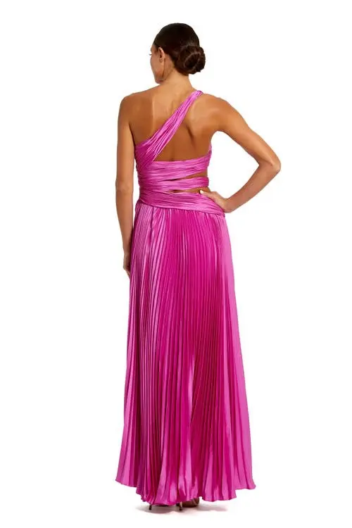 Mac Duggal One-shoulder Pleated Charmeuse Gown With Slit - Fuchsia