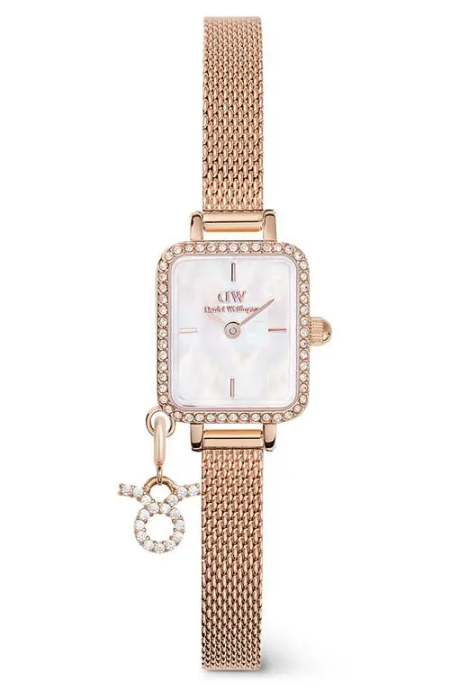 DANIEL WELLINGTON Quadro Mini Charm Mesh Strap Watch - Rose Gold