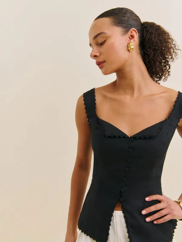 REFORMATION Viola Linen Top - Black