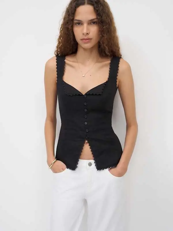 REFORMATION Viola Linen Top - Black