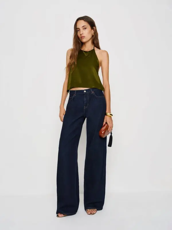 REFORMATION Jeany Silk Halter Top - Green
