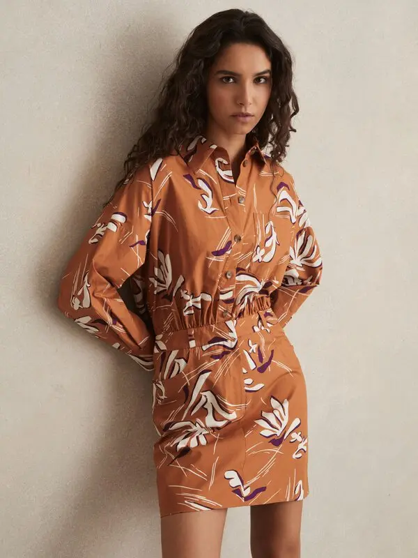 REISS Valia Printed Shirt Dress - Rust