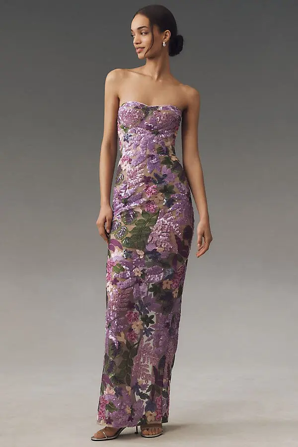 BRONX AND BRONCO Strapless Stretch Sequin Dahlia Maxi Dress - Lilac Multi