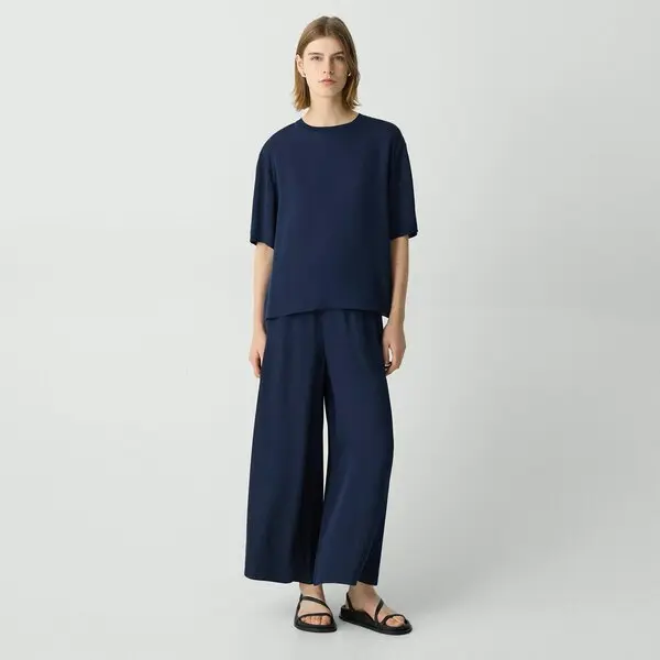 Theory Wide-leg Pant In Silk Georgette - Deep Navy