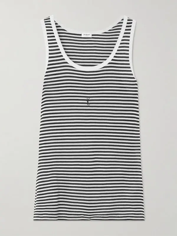 Saint Laurent Embroidered Striped Cotton Tank - Black