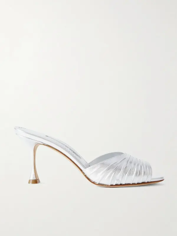 Manolo Blahnik Pirua 70 Crinkled Metallic Leather Mules - Silver