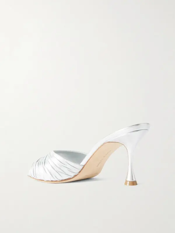 Manolo Blahnik Pirua 70 Crinkled Metallic Leather Mules - Silver